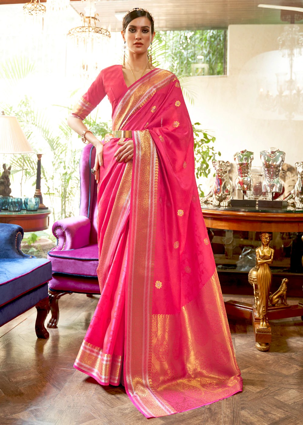 Dark Pink Smooth Silk Banarasi Saree - Urban Womania