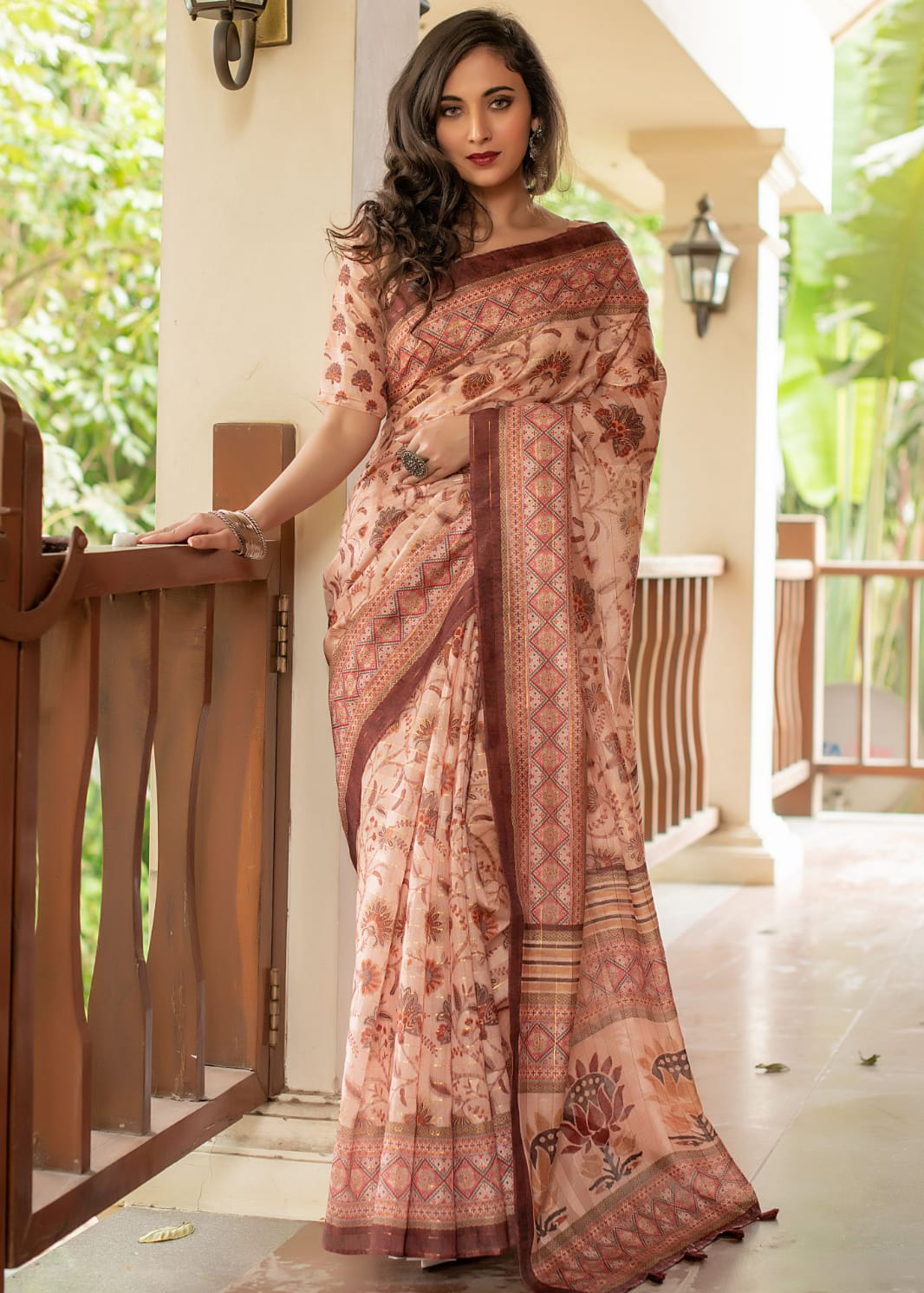Chiku Colour Digitally Printed Linen Saree - Urban Womania