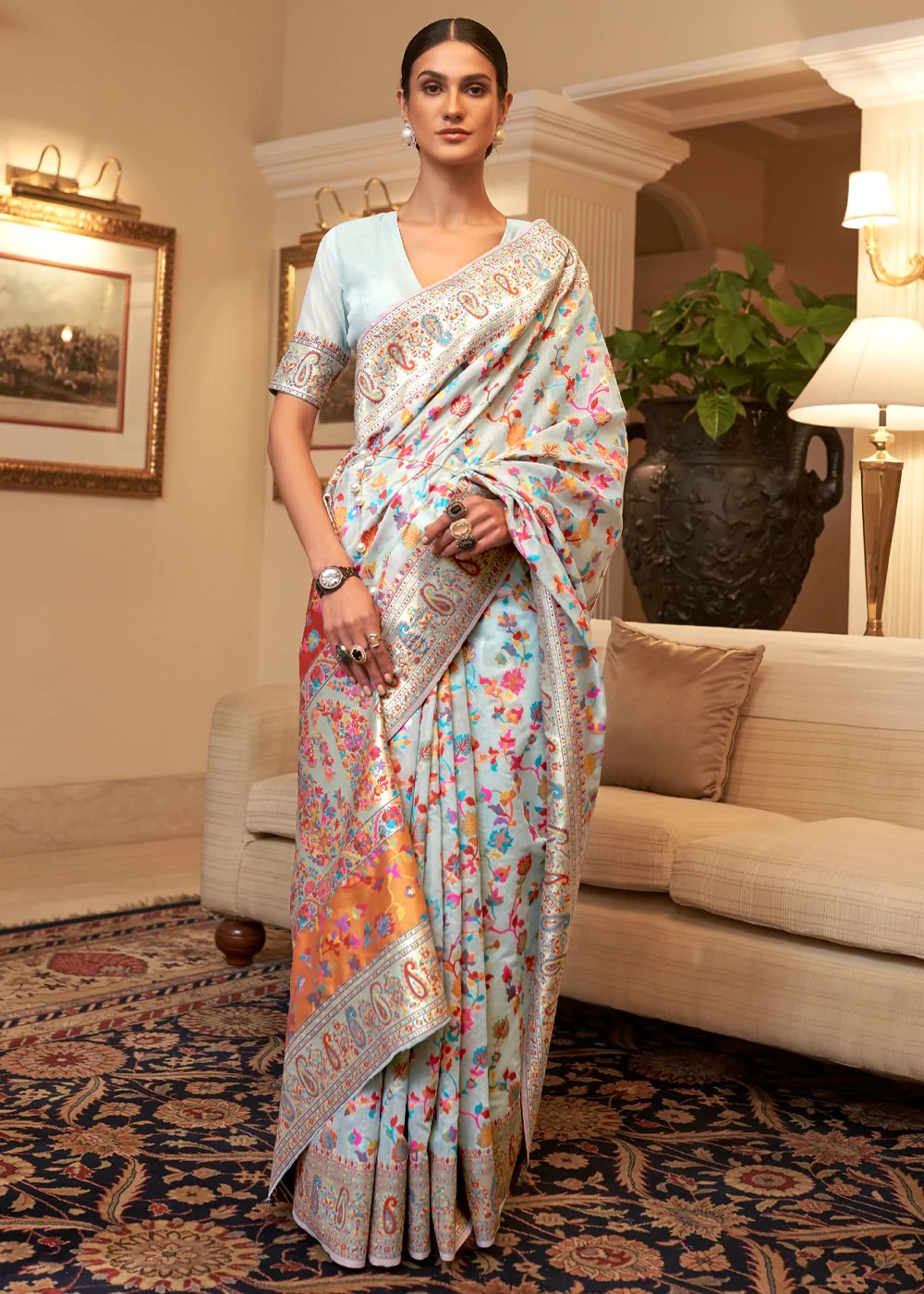 Pastel Blue Kashmiri Jamawar Woven Silk Saree - Urban Womania