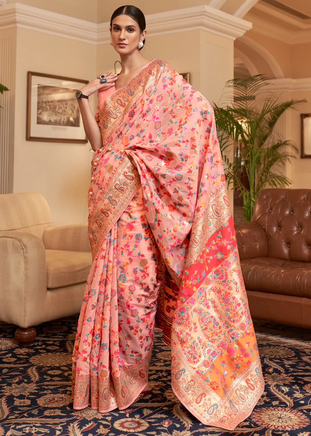 Peach Kashmiri Jamawar Woven Silk Saree - Urban Womania