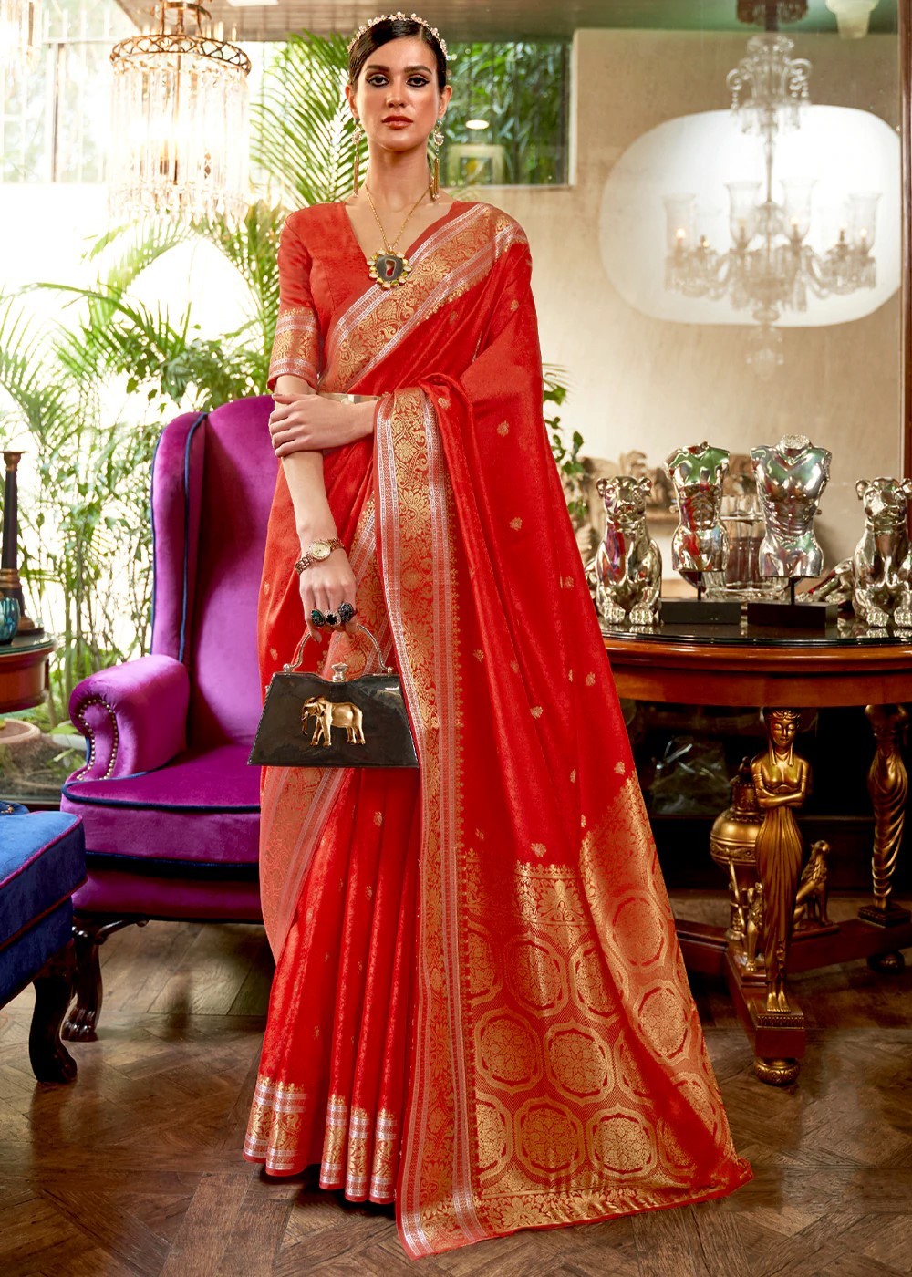 Red Smooth Silk Banarasi Weave Saree - Urban Womania
