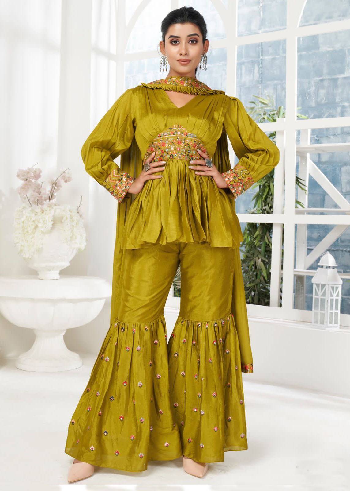 Pista Green Designer Kurti Gharara Set with Dupatta - Urban Womania