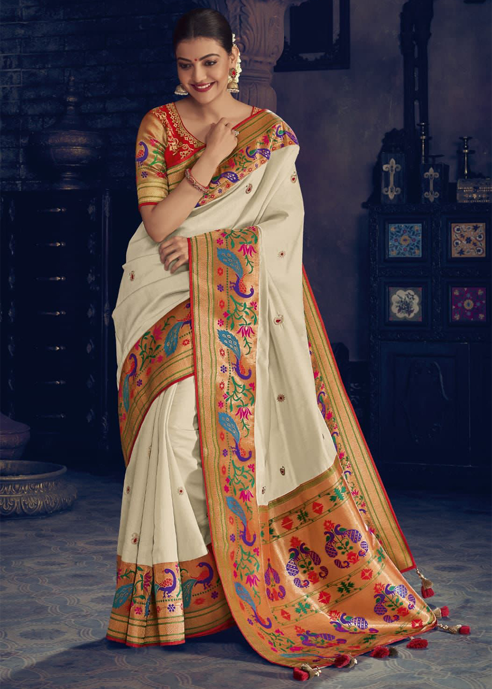 White Woven Paithani Silk Saree - Urban Womania