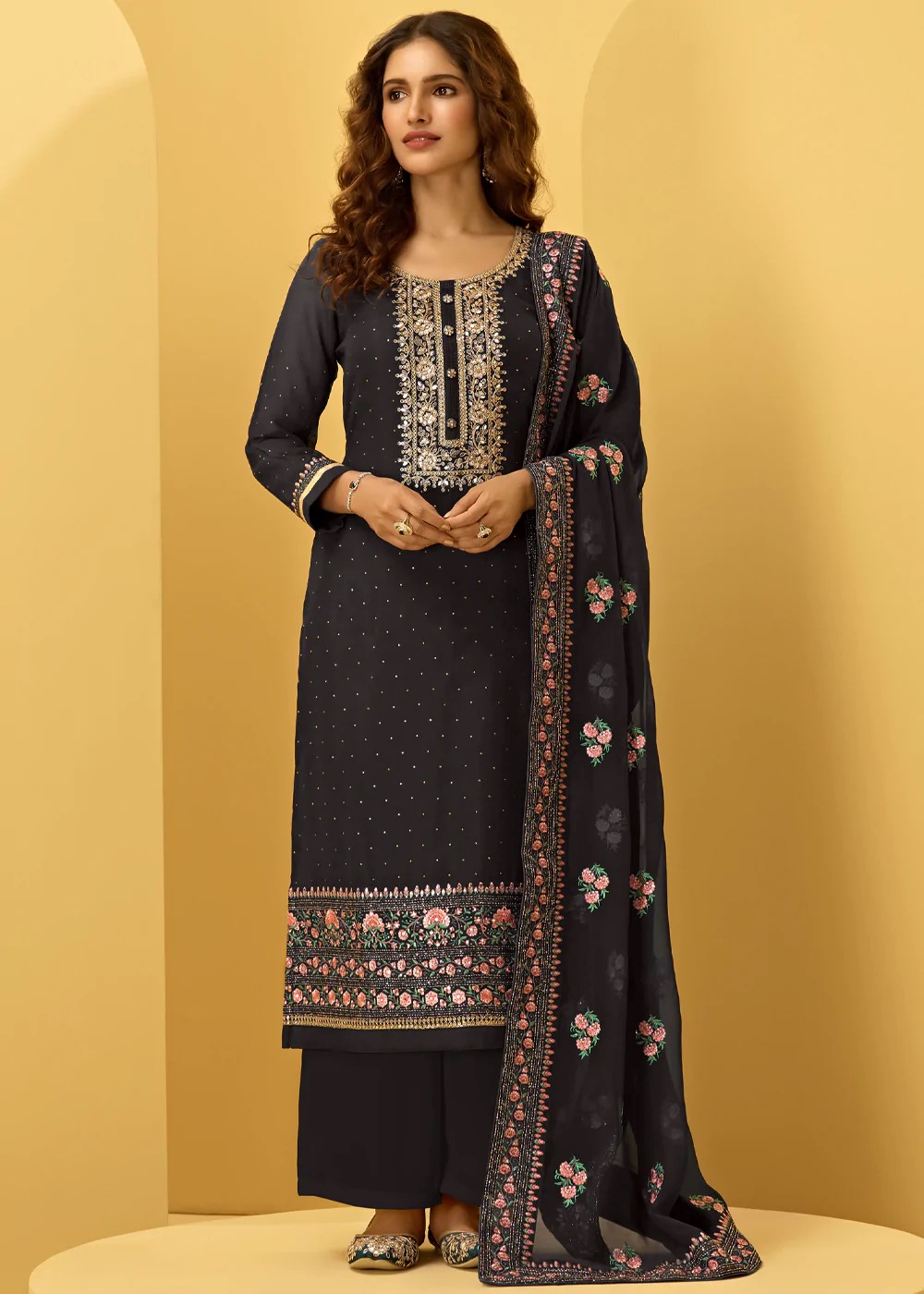 Black Unstitched Embroidered Georgette Suit Set - Urban Womania