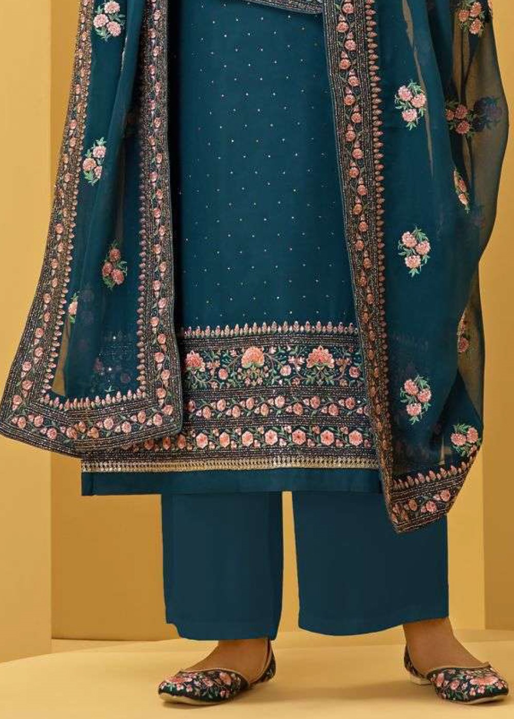 Cerulean Blue Embroidered Georgette Suit Set - Urban Womania