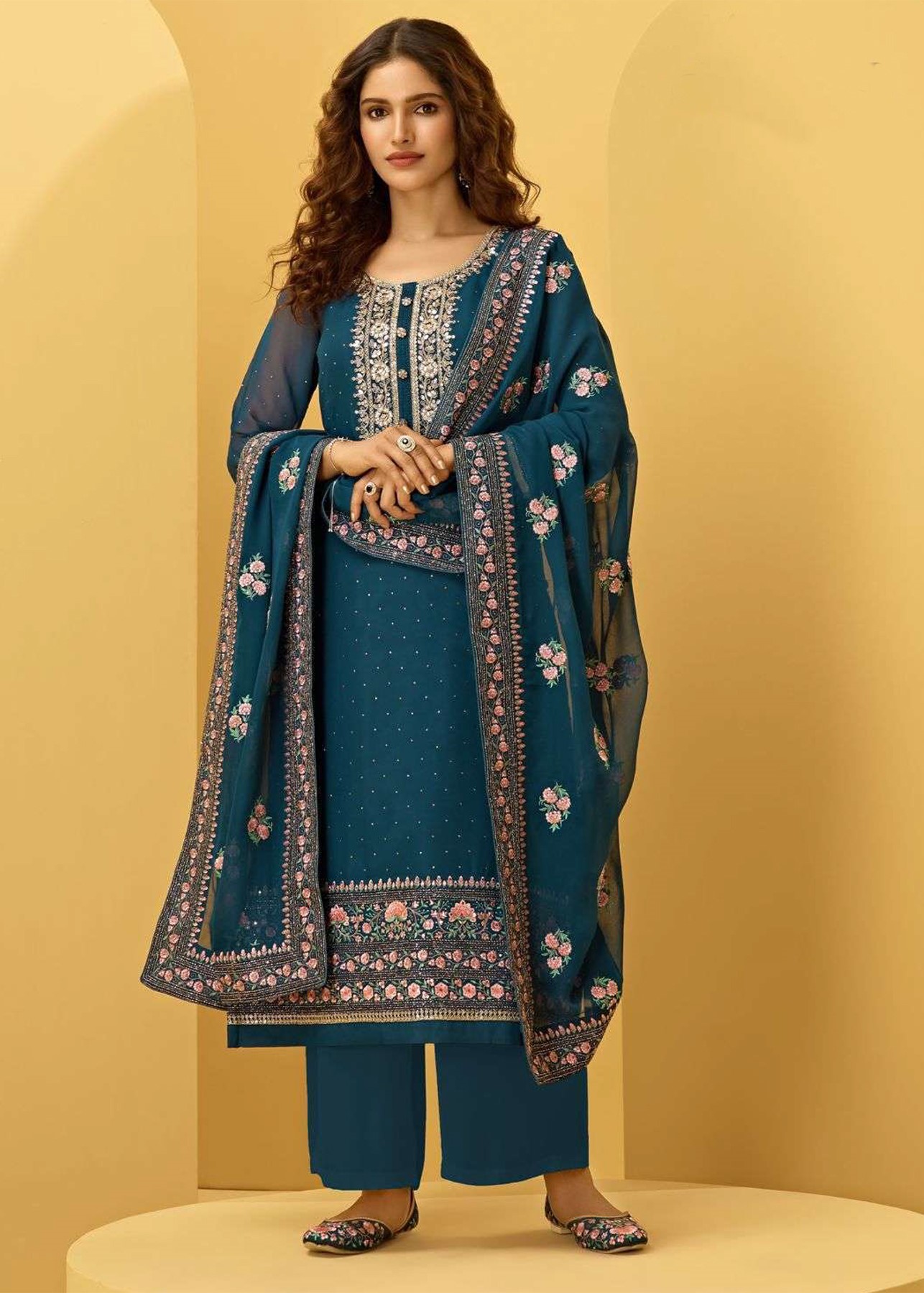 Cerulean Blue Embroidered Georgette Suit Set - Urban Womania