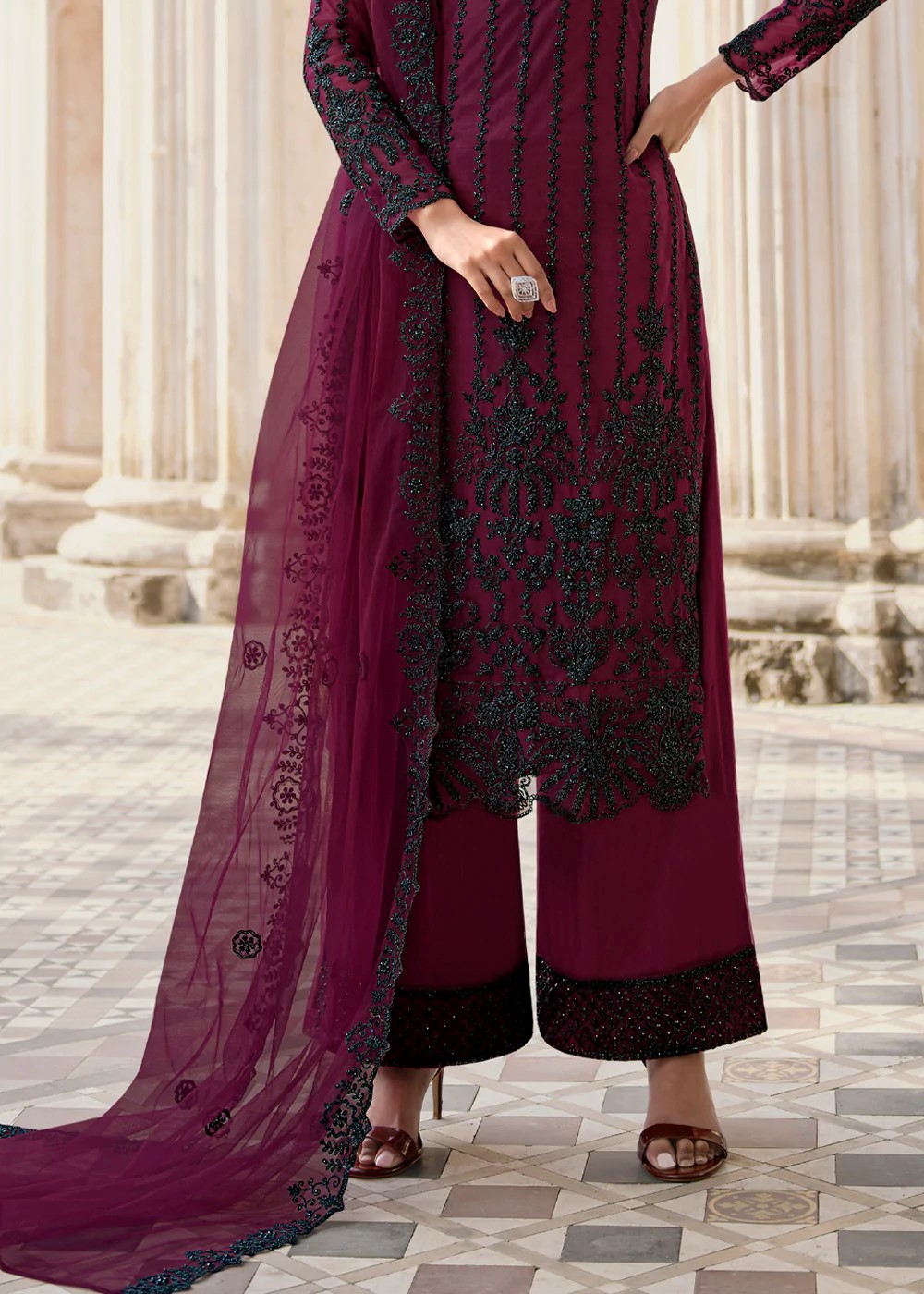 Dark Plum Unstitched Heavily Embroidered Suit Set - Urban Womania