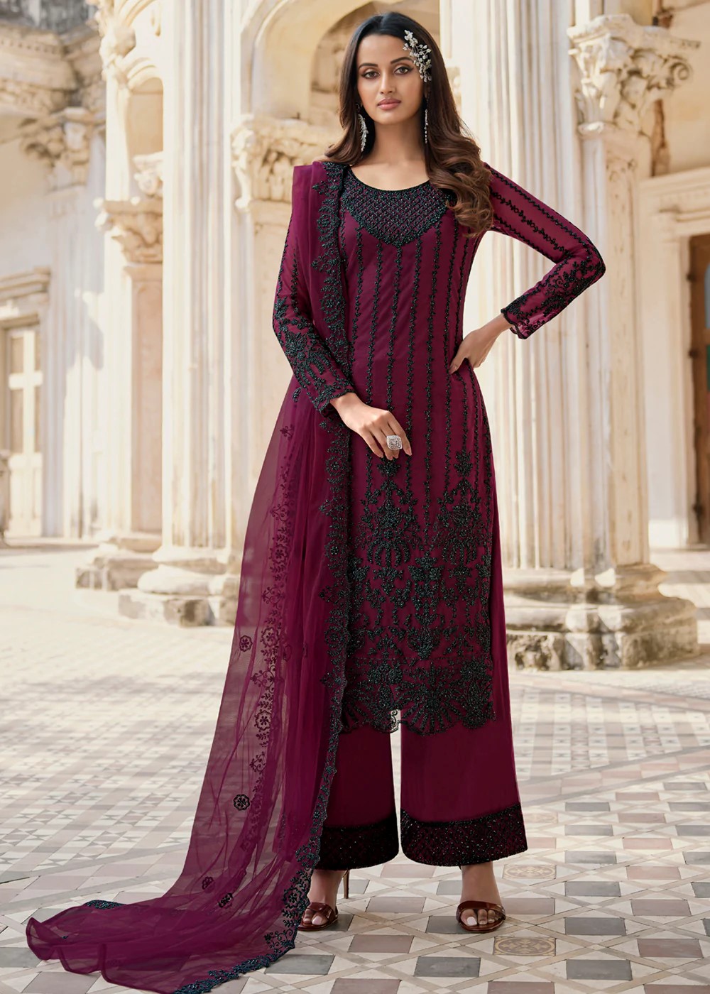Dark Plum Unstitched Heavily Embroidered Suit Set - Urban Womania