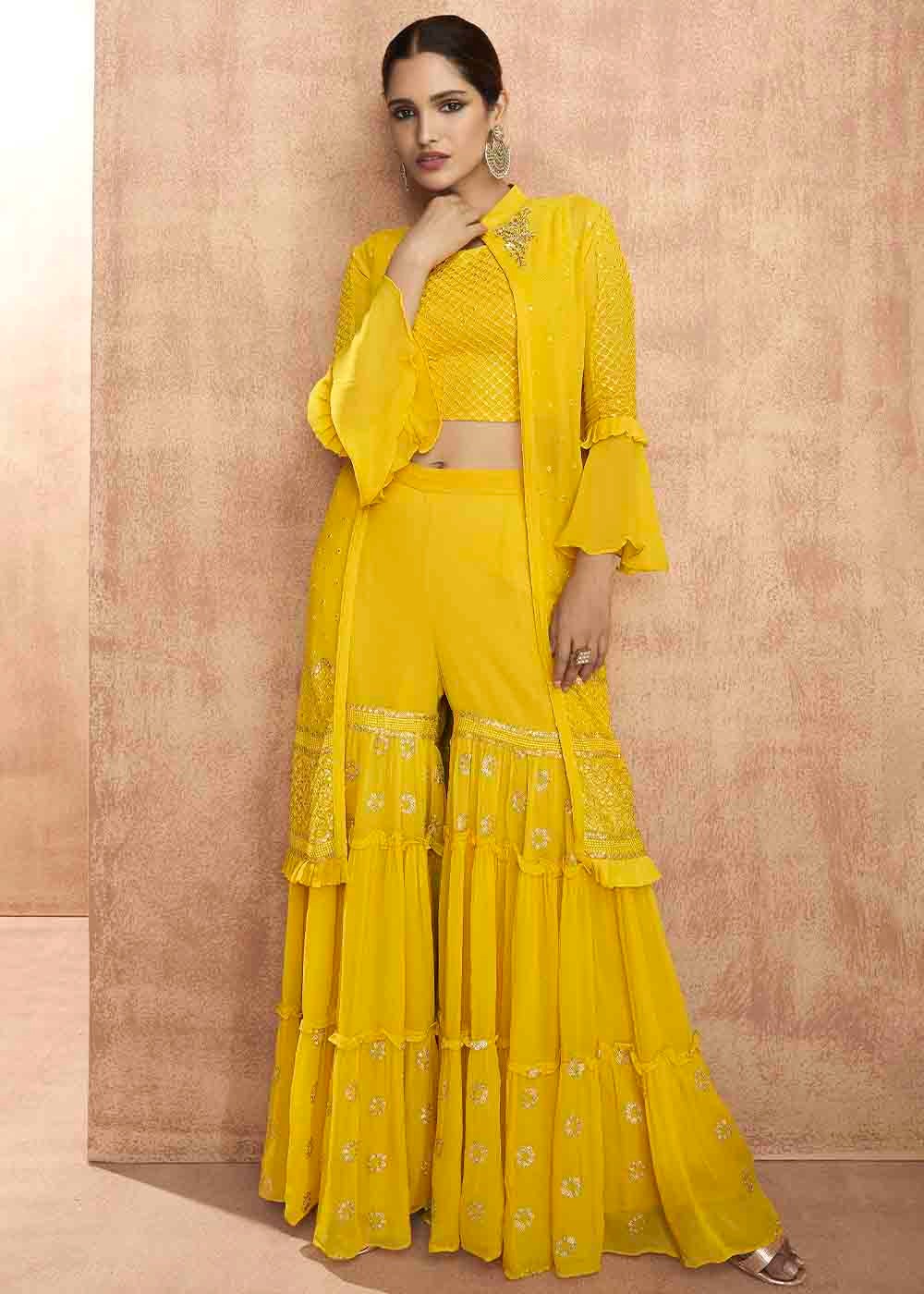 Yellow Indo-Western Crop Top & Sharara Set with Shrug - Urban Womania Yellow Indo-Western Crop Top & Sharara Set with Shrug - Urban Womania