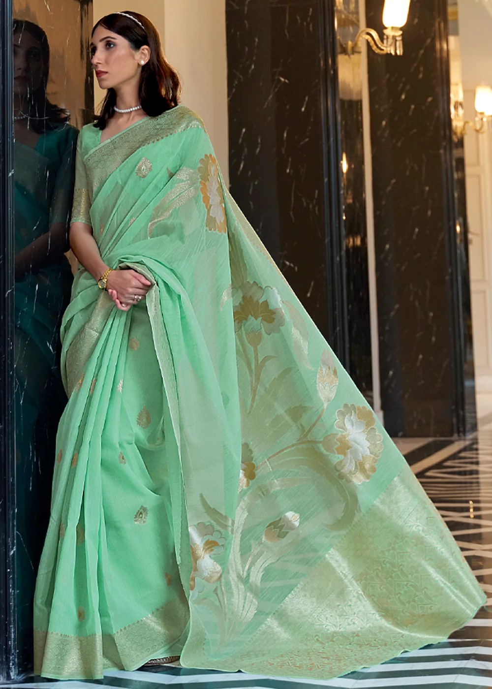 Mint Green Woven Linen Saree - Urban Womania