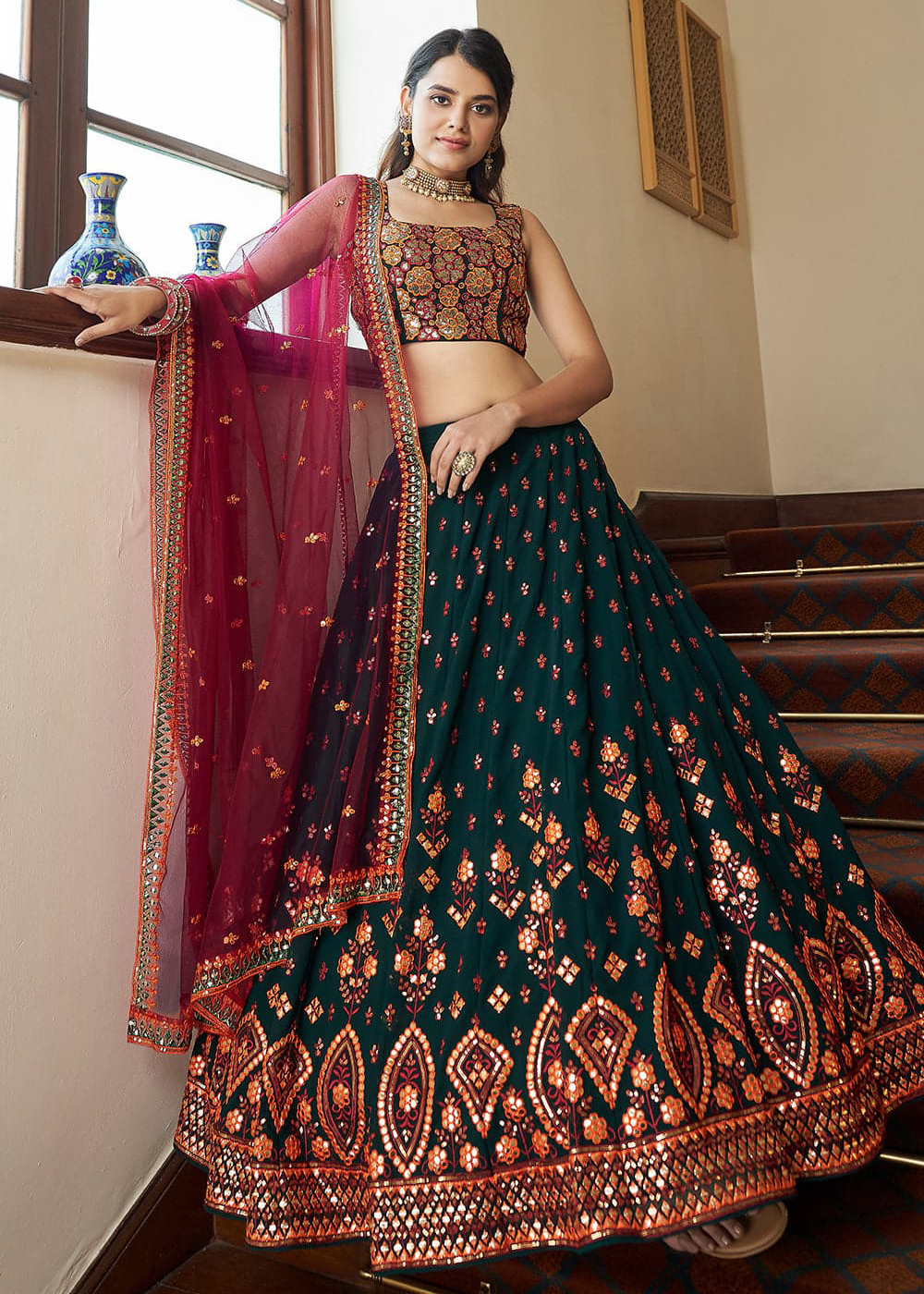 Phthalo Green Lehenga with Embroidery Work - Urban Womania