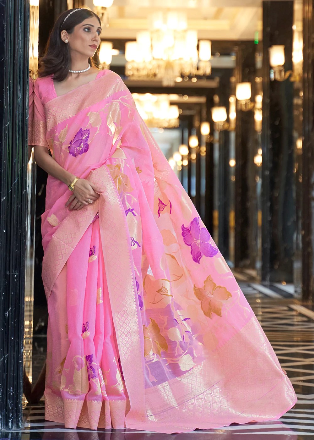 Pink Woven Linen Saree - Urban Womania