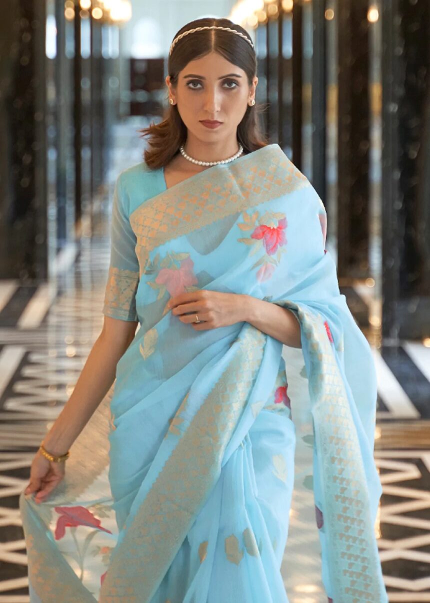 Sky Blue Woven Linen Saree - Urban Womania