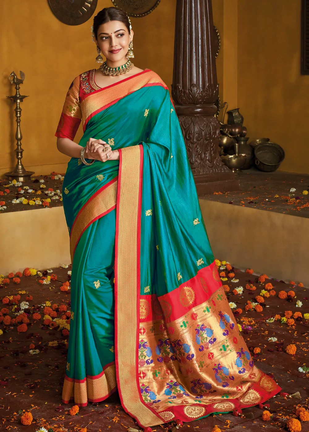 Teal Blue Woven Paithani Silk Saree - Urban Womania
