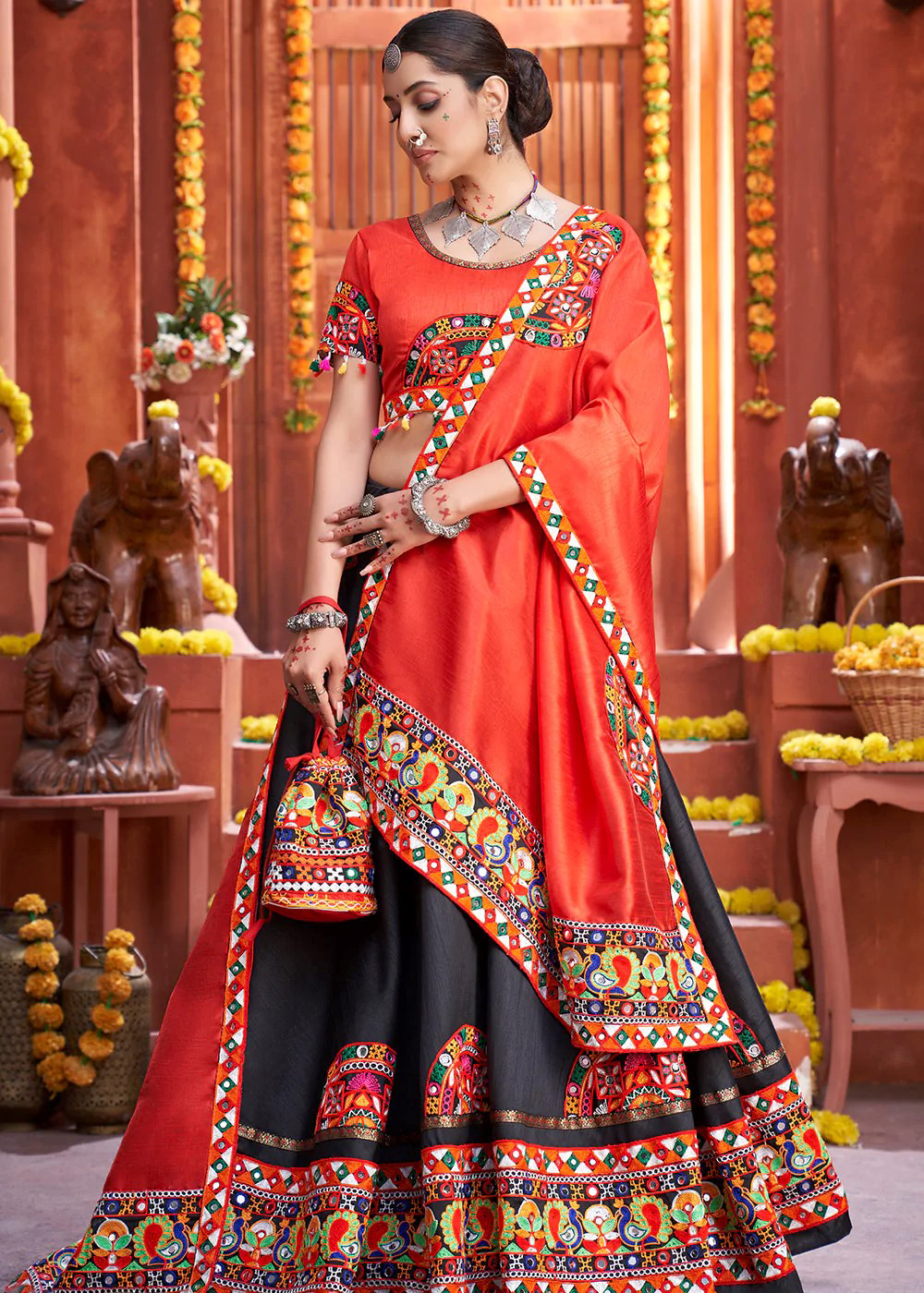 Black & Red Gamthi Work Lehenga Choli - Urban Womania