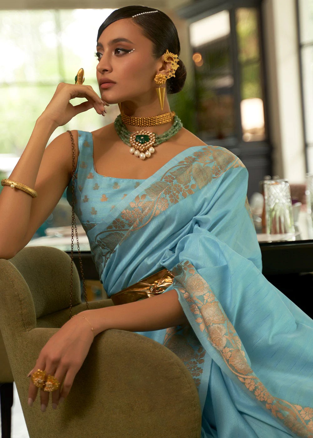 Daisy Blue Woven Tussar Silk Saree - Urban Womania