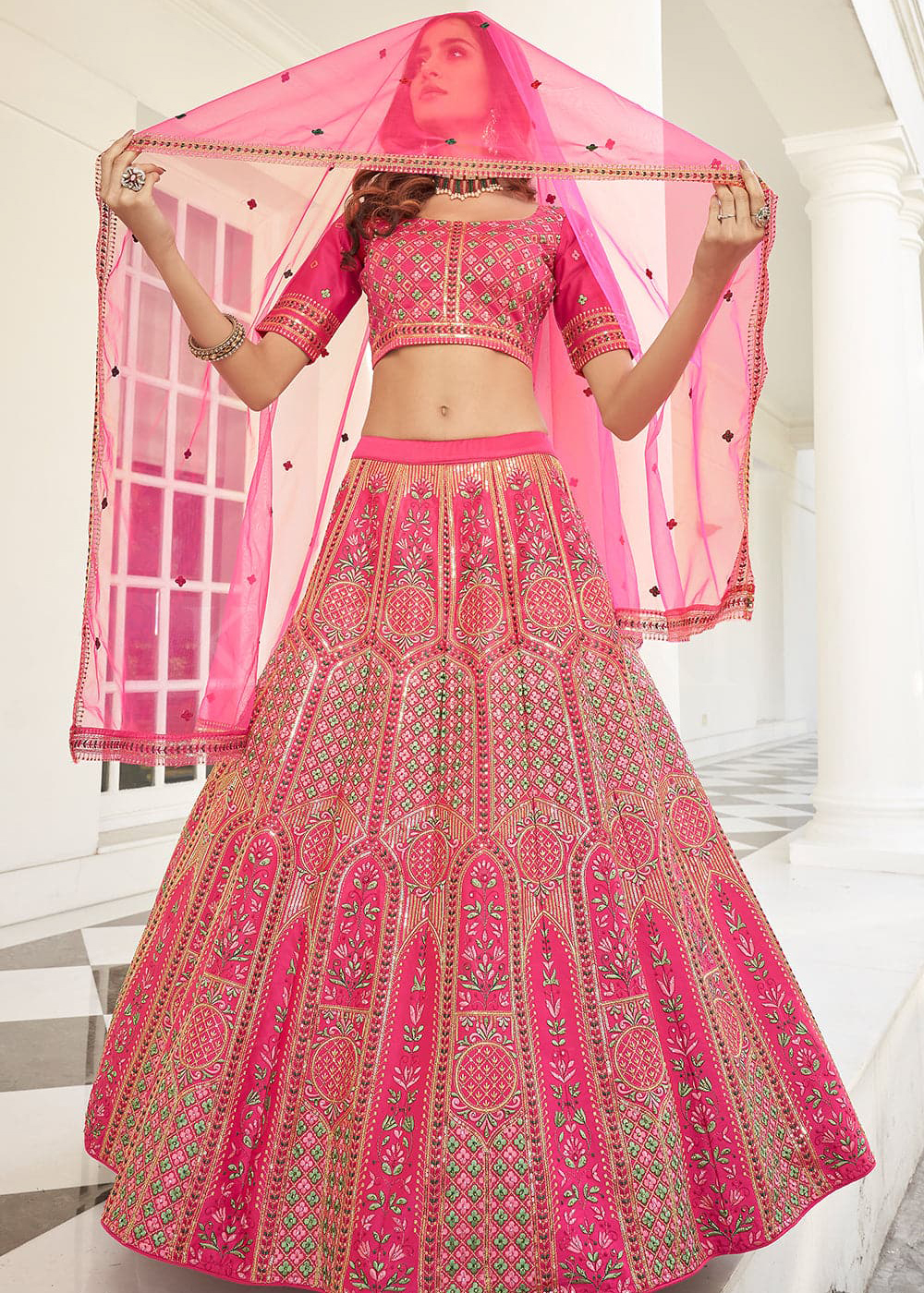 Deep Pink Silk Lehenga Choli with Embroidery Work - Urban Womania