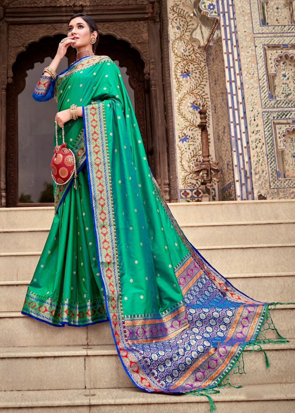 Spring Green Woven Banarasi Soft Silk Saree - Urban Womania