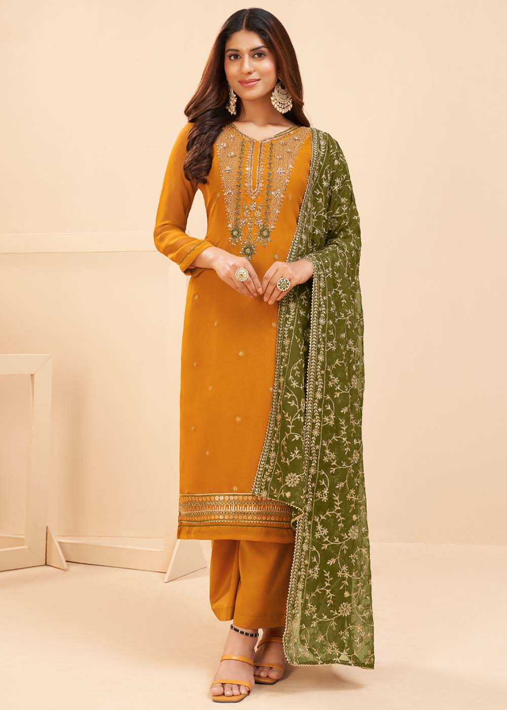 Mustard Yellow Semi-Stitched Georgette Suit - Urban Womania