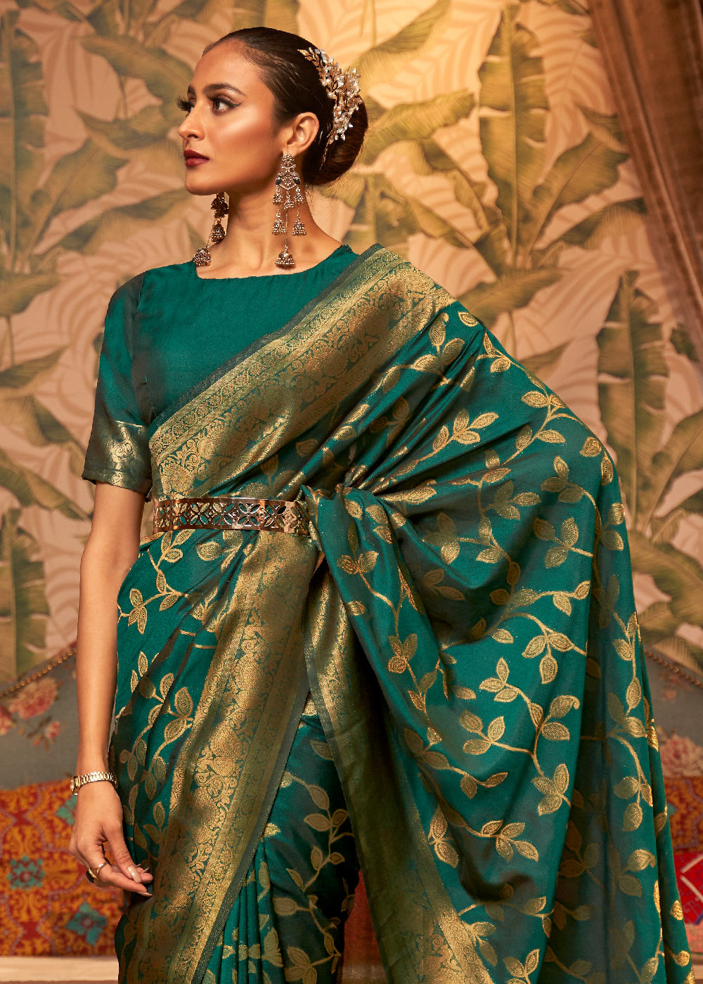 Jungle Green Banarasi Silk Saree - Urban Womania