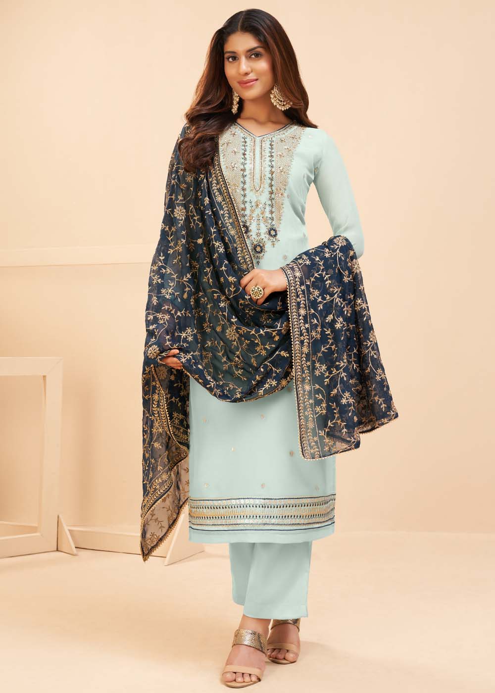 Light Blue Semi-Stitched Georgette Suit - Urban Womania