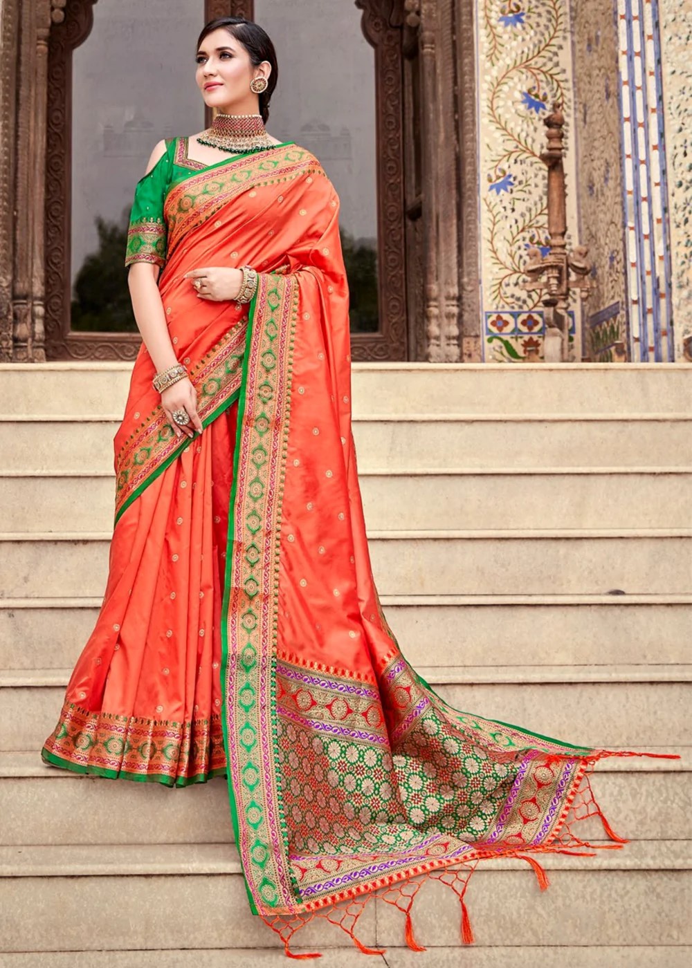 Orange Woven Banarasi Soft Silk Saree - Urban Womania