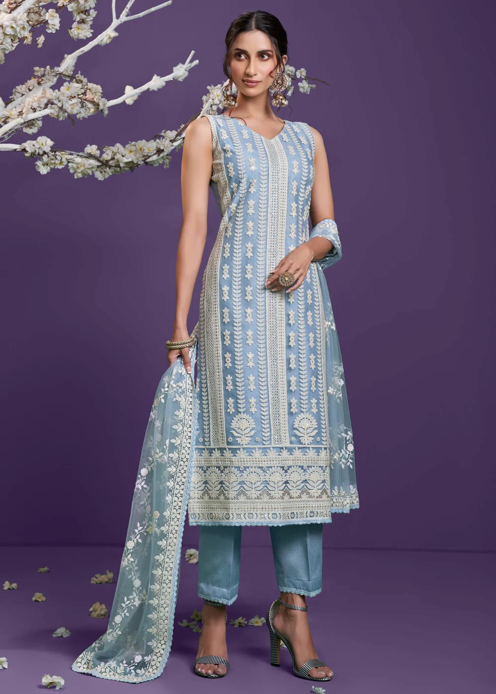 Powder Blue Lucknowi Chikankari Suit Set - Urban Womania