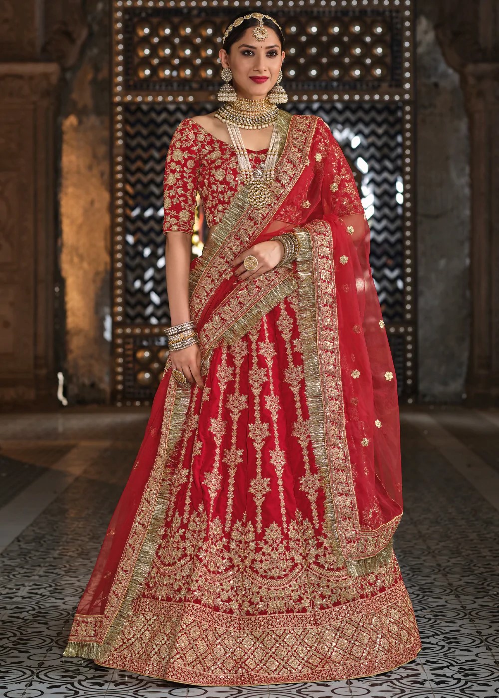Bridal Red Heavy Embroidery Velvet Lehenga Choli - Urban Womania