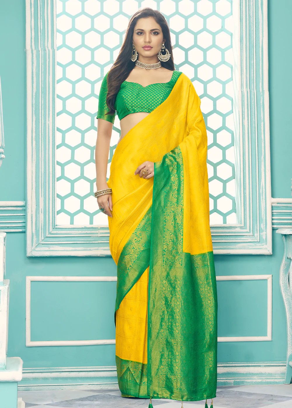 Yellow & Green Woven Kanjivaram Silk Saree - Urban Womania