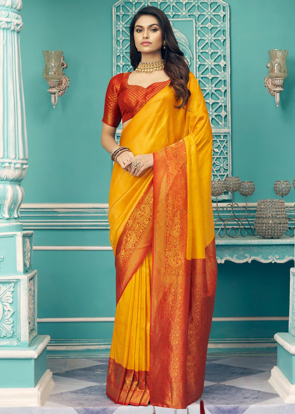 Yellow & Red Woven Kanjivaram Silk Saree - Urban Womania