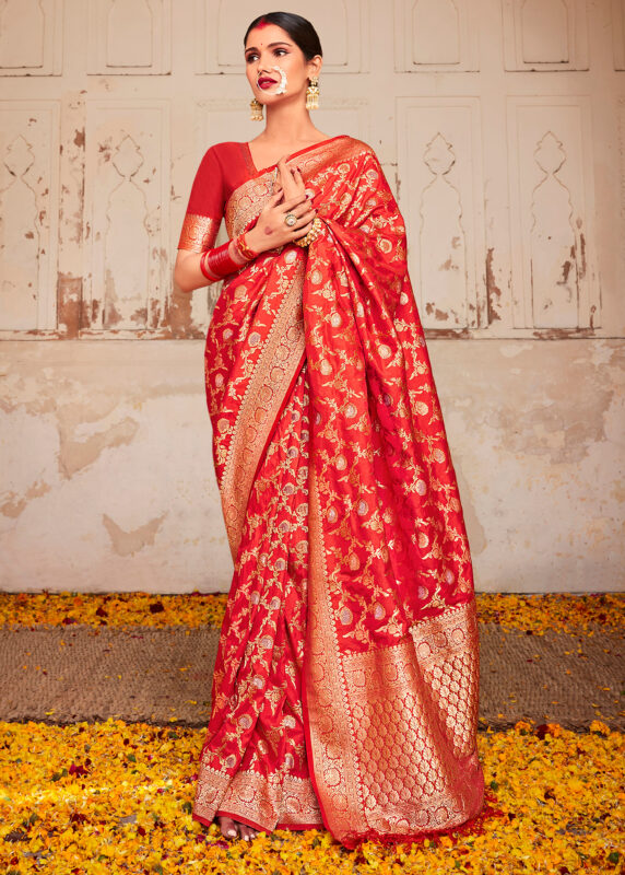 Bridal Red Woven Banarasi Silk Saree - Urban Womania