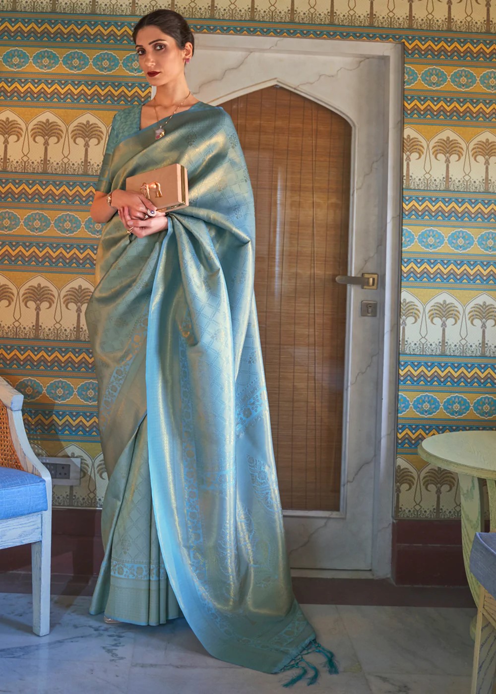 Carolina Blue Woven Kanjivaram Silk Saree - Urban Womania