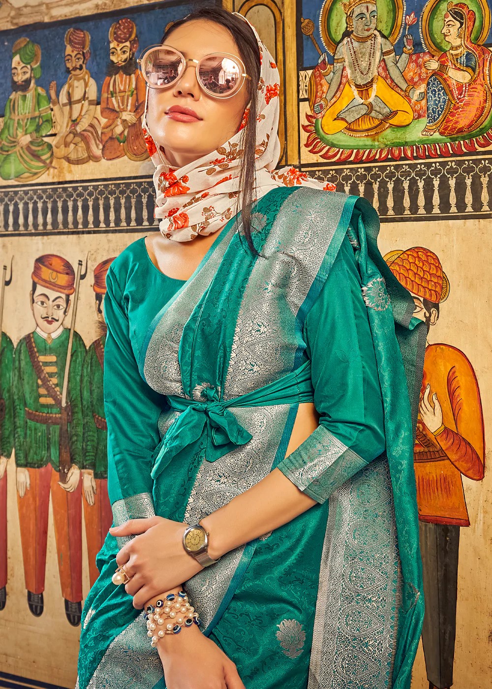 Deep Green Banarasi Weave Satin Silk Saree - Urban Womania