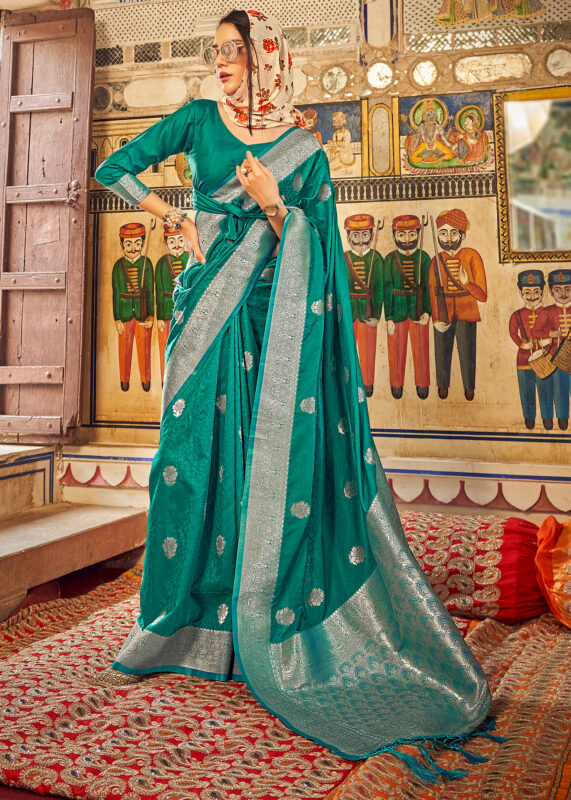 Deep Green Satin Silk Banarasi Saree - Urban Womania