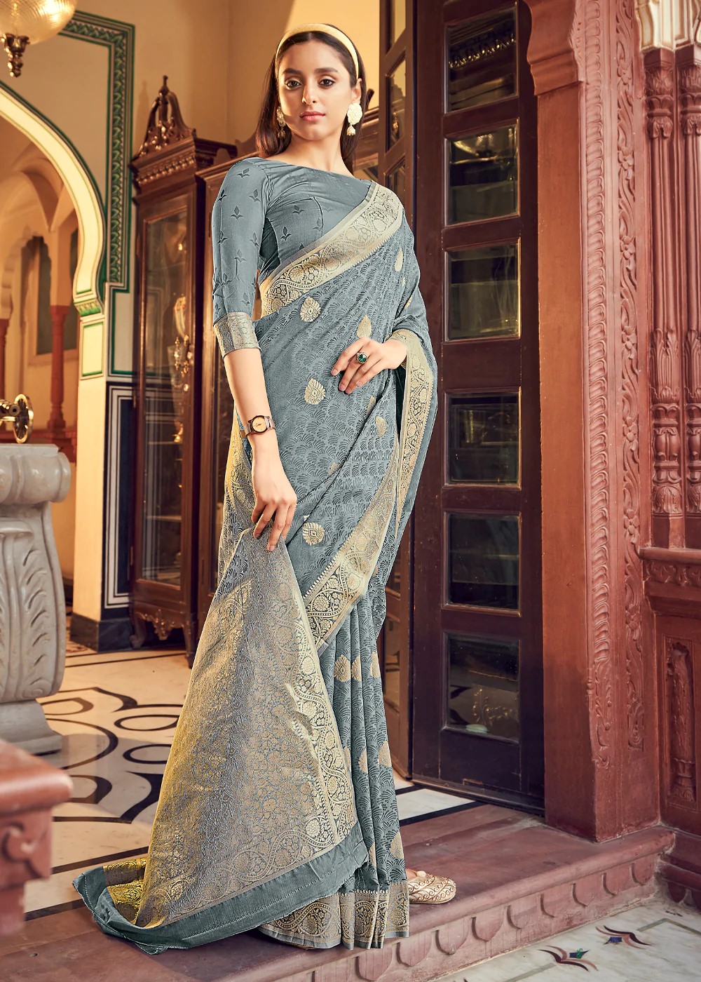 Gray Banarasi Weave Satin Silk Saree - Urban Womania