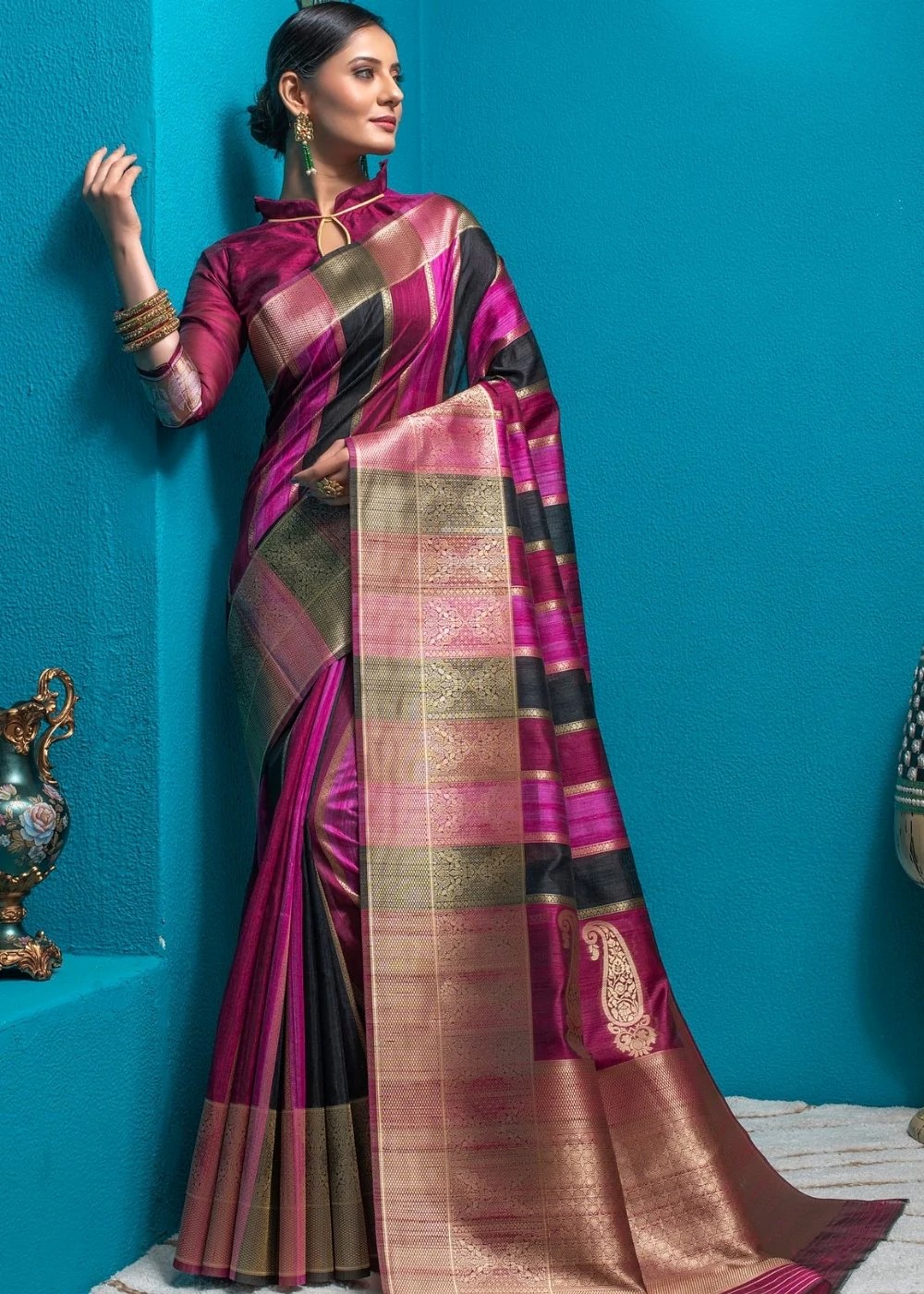 Magenta Woven Tussar Silk Saree - Urban Womania