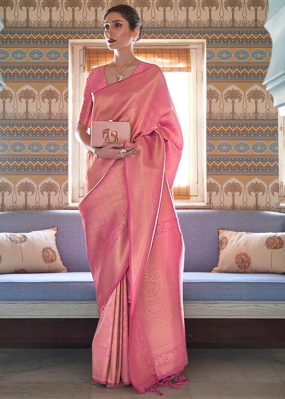 Blossom Pink Woven Kanjivaram Silk Saree Urban Womania