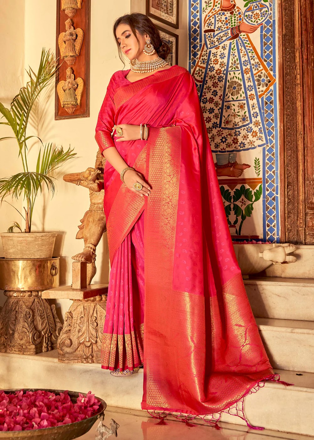 Princess Pink Woven Kanjivaram Silk Saree - Urban Womania