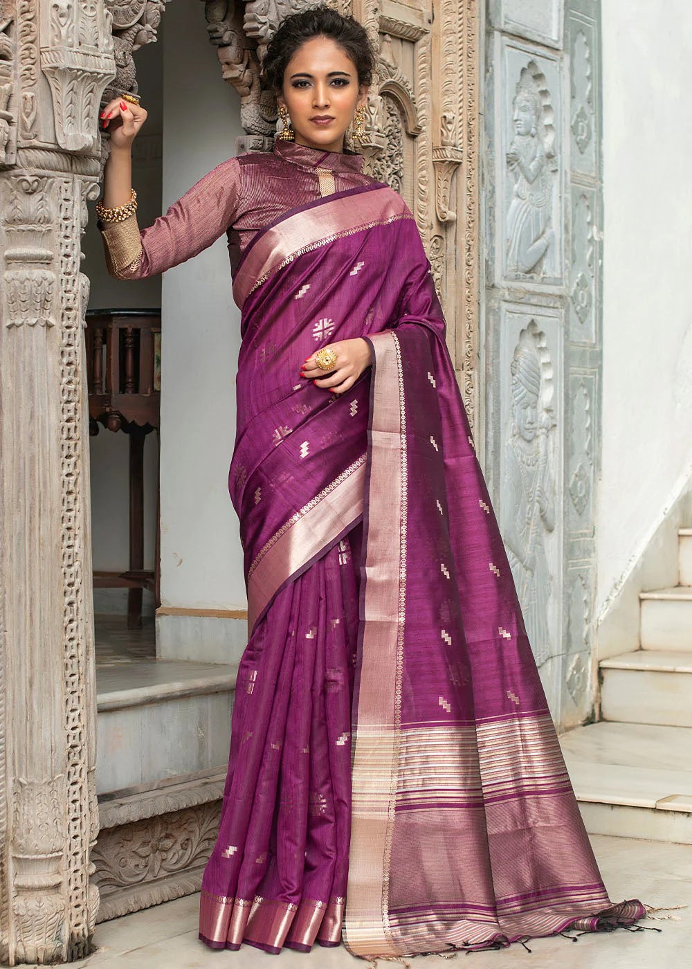 Purple Woven Tussar Silk Saree - Urban Womania