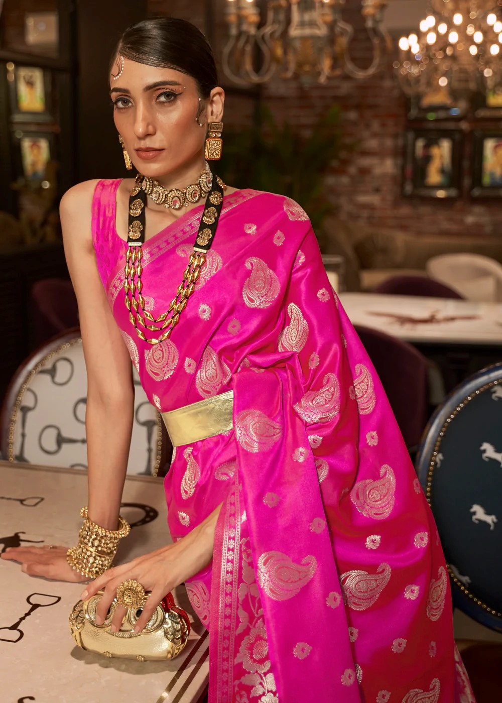 Raspberry Pink Banarasi Weave Satin Silk Saree - Urban Womania