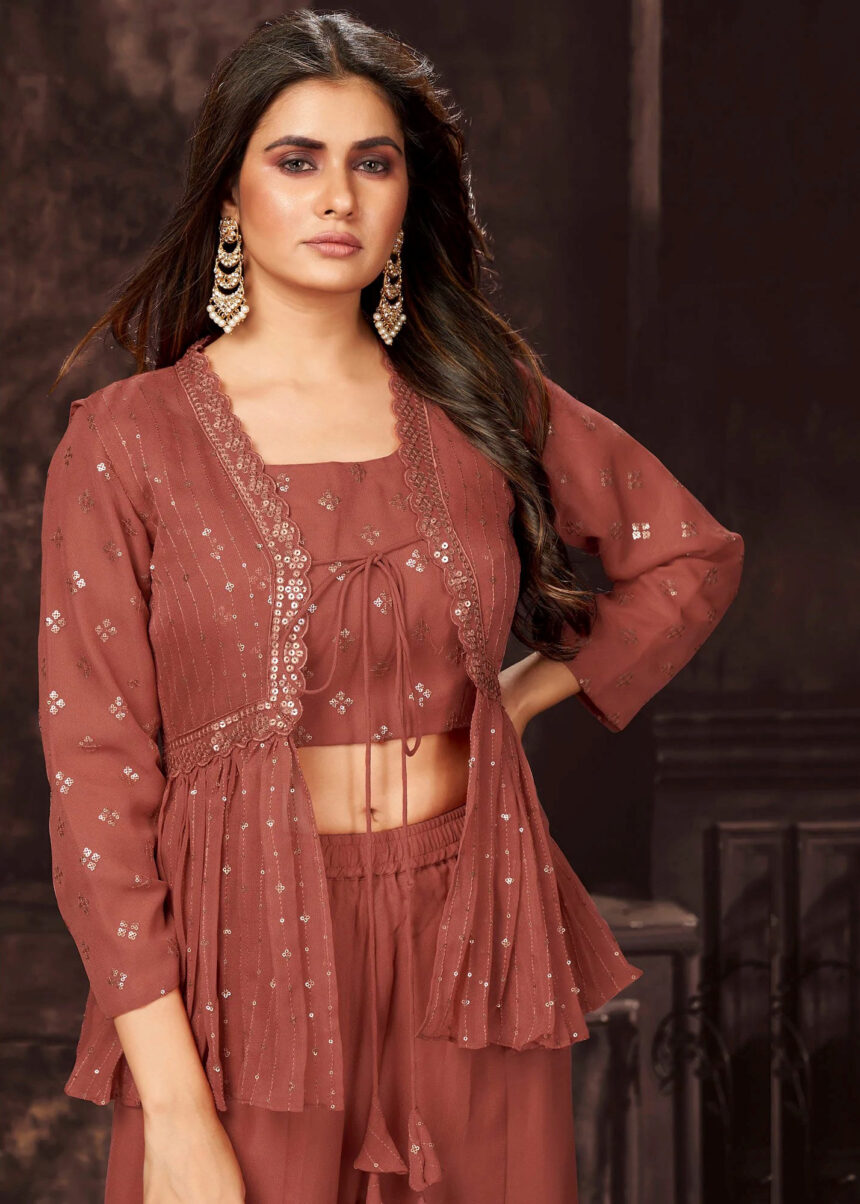 Rust Crop Top And Sharara Set With Shrug Urban Womania