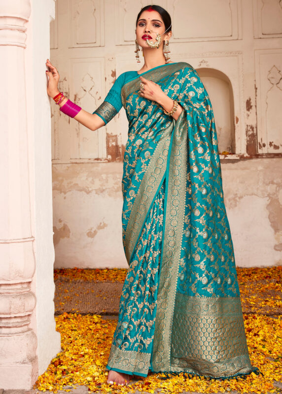 Turquoise Blue Woven Banarasi Silk Saree - Urban Womania