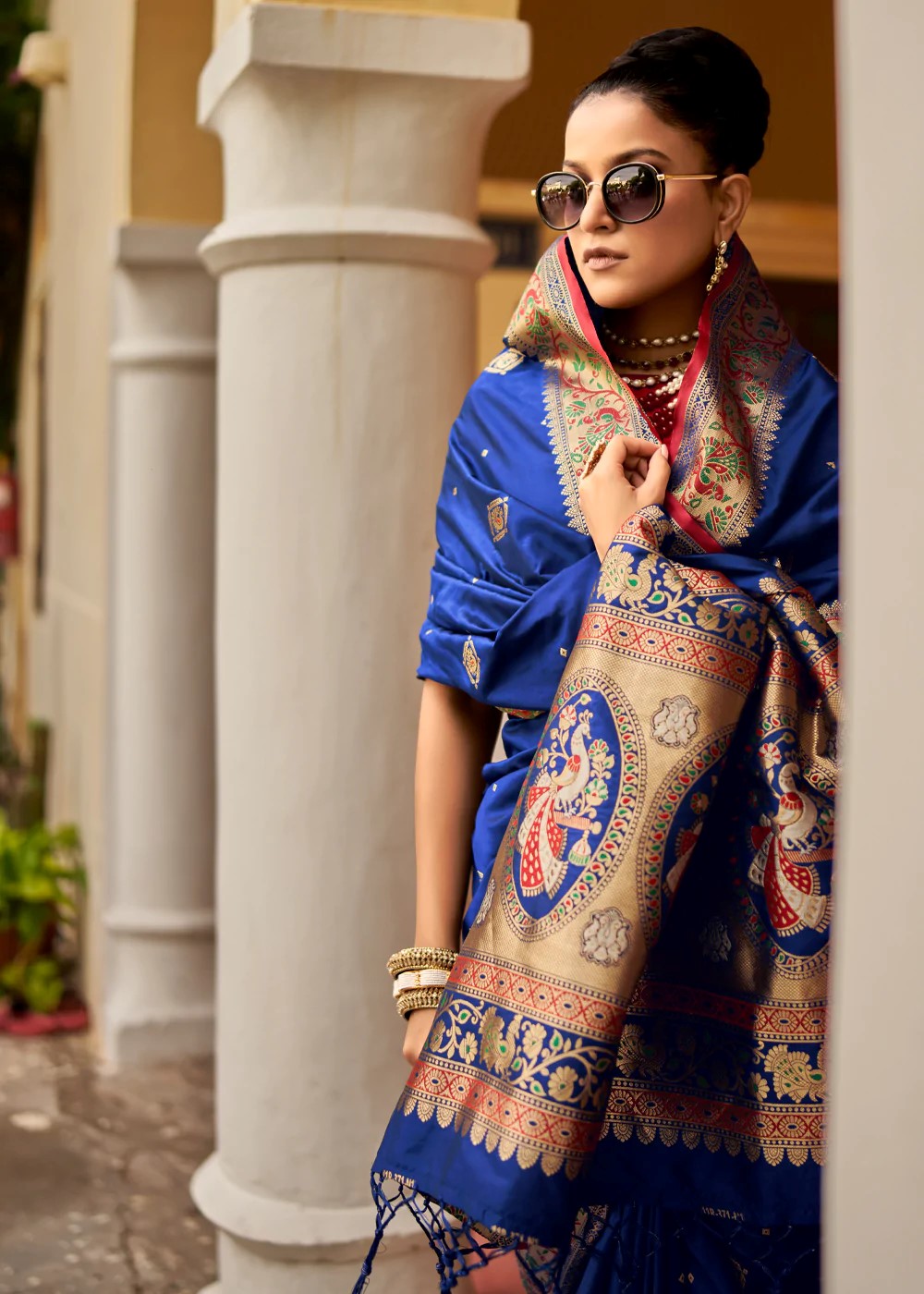 Dark Blue Woven Banarasi Soft Silk Saree - Urban Womania