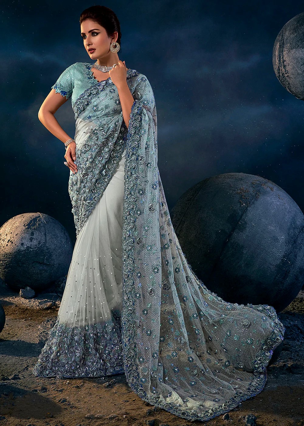 Light Gray Designer Saree with Heavy Work - Urban Womania