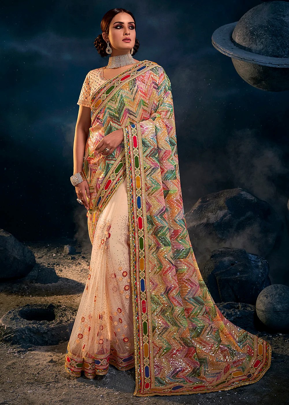 Light Peach Designer Saree with Heavy Work - Urban Womania