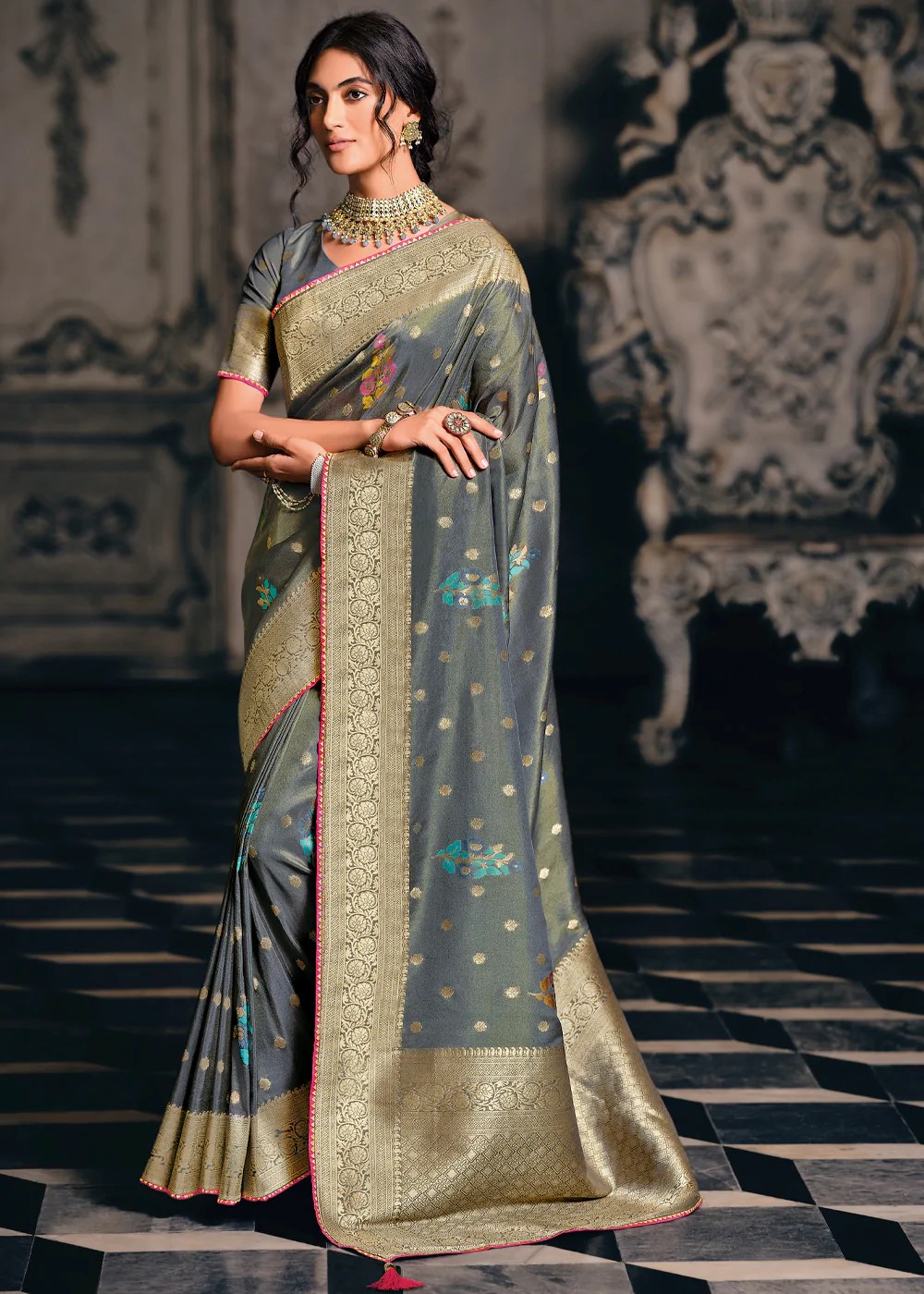 Silver Gray Woven Banarasi Tissue Silk Saree - Urban Womania
