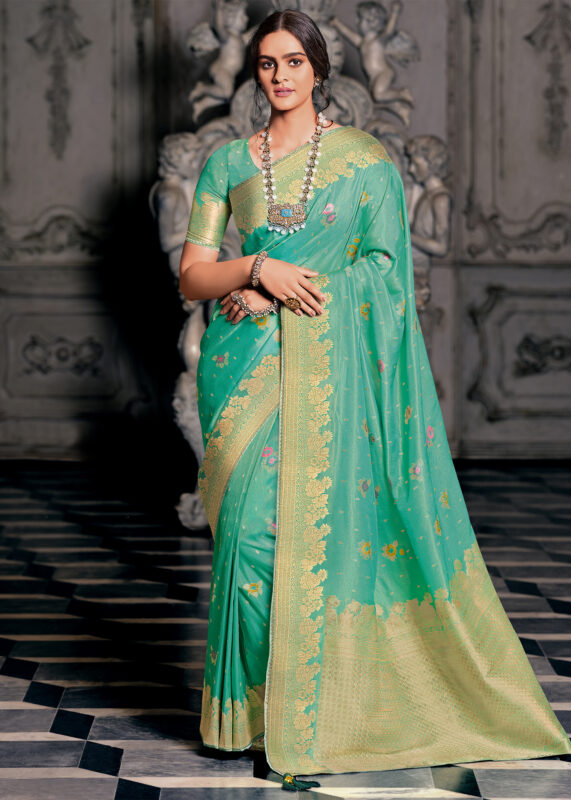 Spring Green Woven Banarasi Tissue Silk Saree - Urban Womania