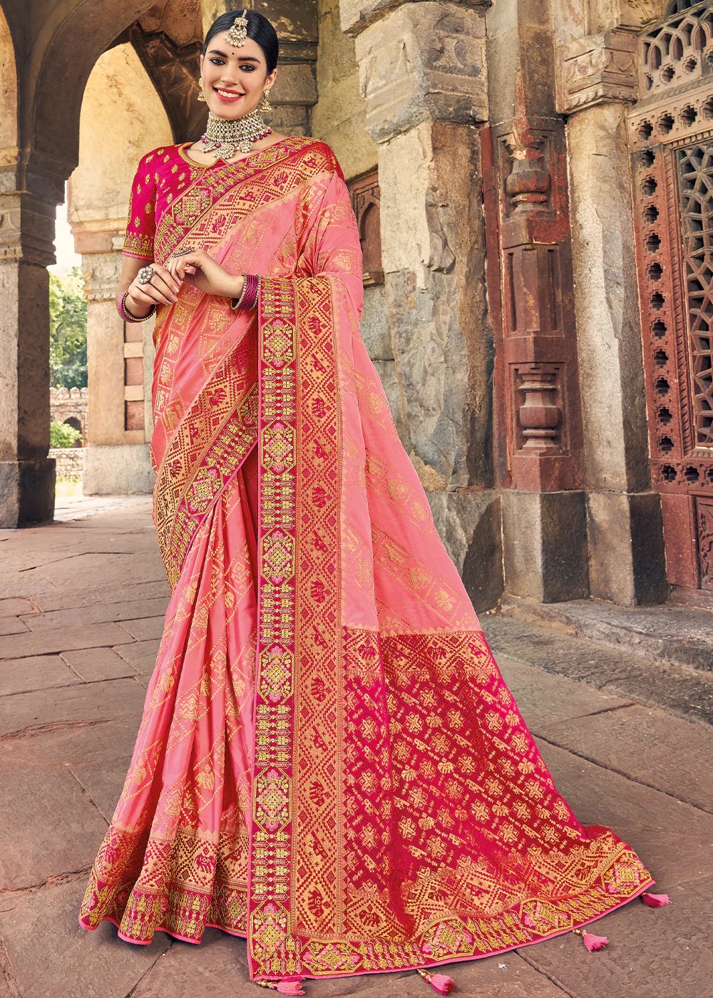 Taffy Pink Woven Banarasi Silk Saree - Urban Womania