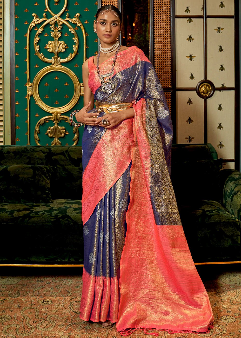 Blue & Pink Woven Banarasi Tussar Silk Saree - Urban Womania