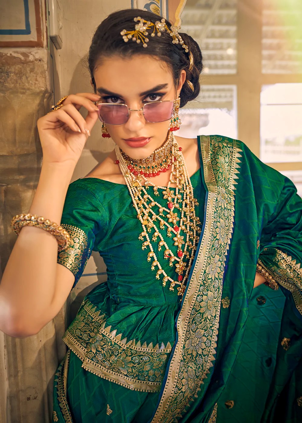 Dark Green Banarasi Saree - Urban Womania